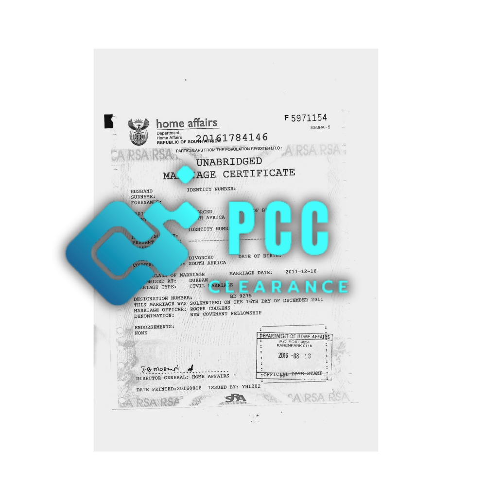 UNABRIDGED MARRIAGE CERTIFICATE - Pcc Clearance